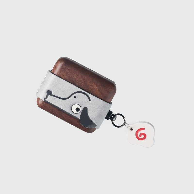 Cute Doggy Wooden AirPods Pro Case – Handmade Walnut & Leather Cover