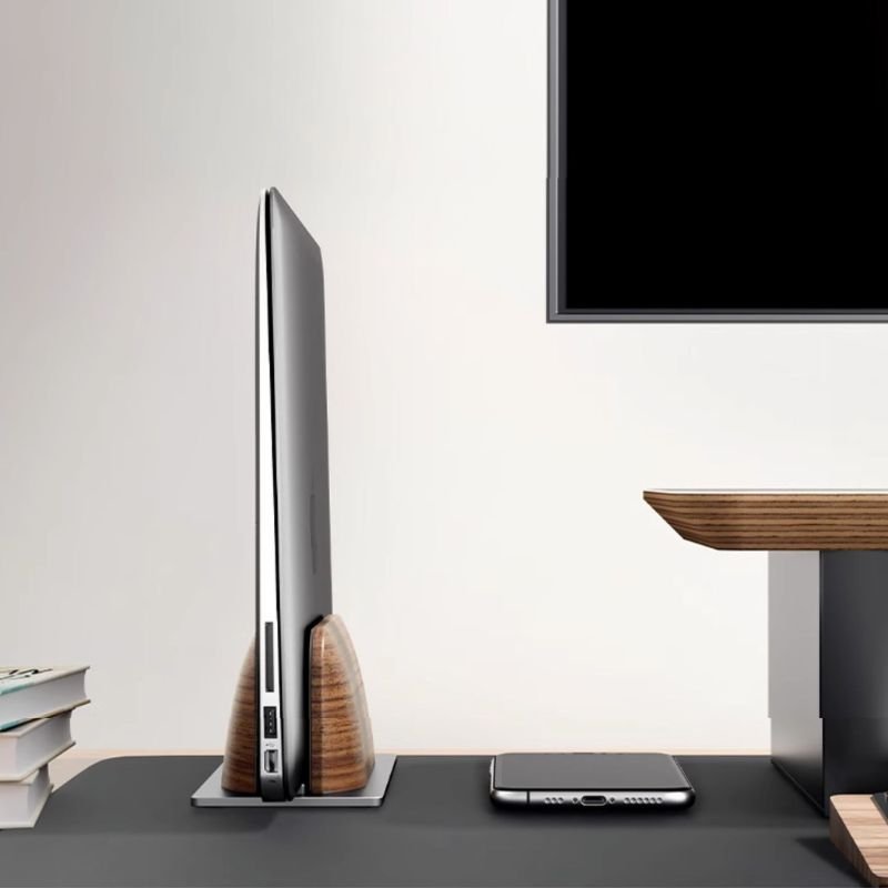 Dark Walnut Adjustable Vertical MacBook Stand with Metal Base