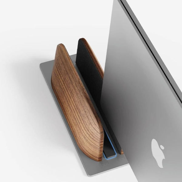 Dark Walnut Adjustable Vertical MacBook Stand with Metal Base