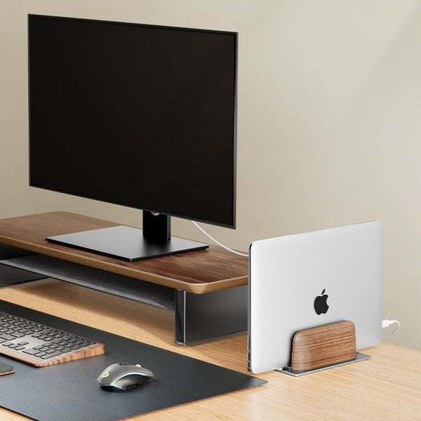 Dark Walnut Adjustable Vertical MacBook Stand with Metal Base