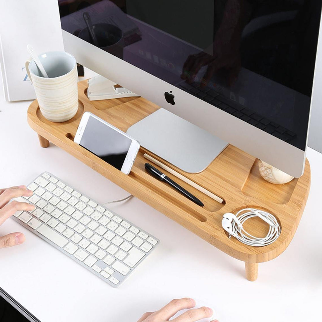 Bamboo Monitor Stand Organizer for iMac: Slim, Modern Design