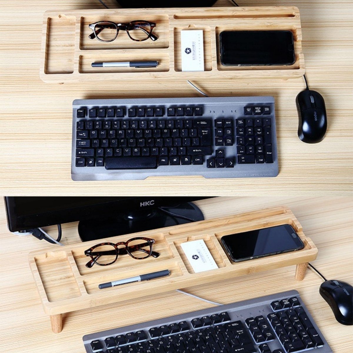 Bamboo Computer Monitor Stand Organizer for Desk