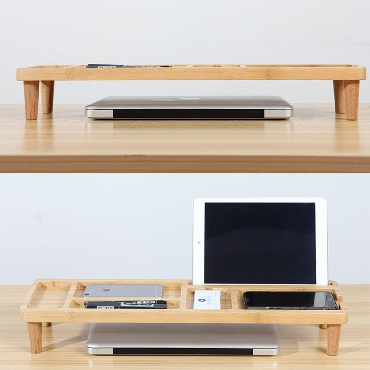 Bamboo Computer Monitor Stand Organizer for Desk