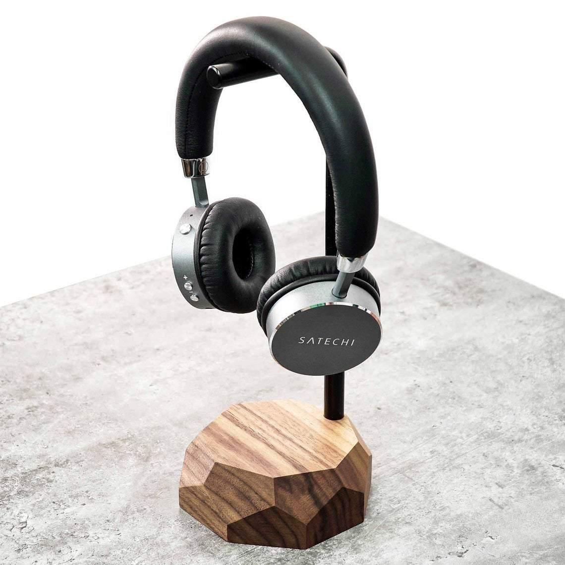 Premium Oak Wood Headset Stand Holder - Steel Base