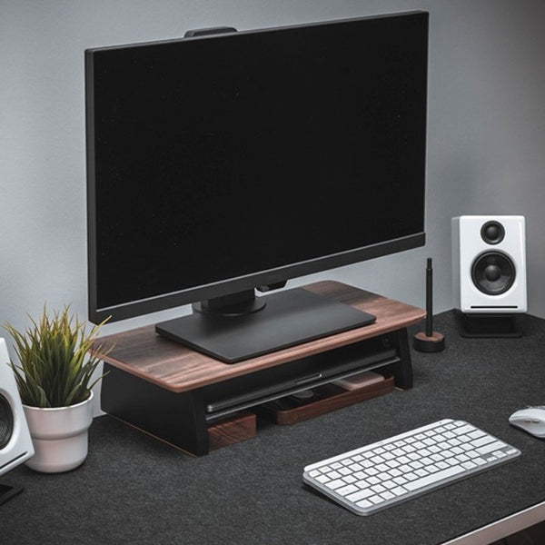Wooden Monitor Stand with Shelf for Workspace Organization.
